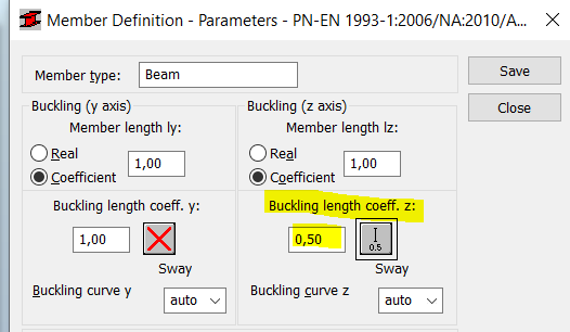 Different steel code check results when the same values defined as member length lz or buckling ...