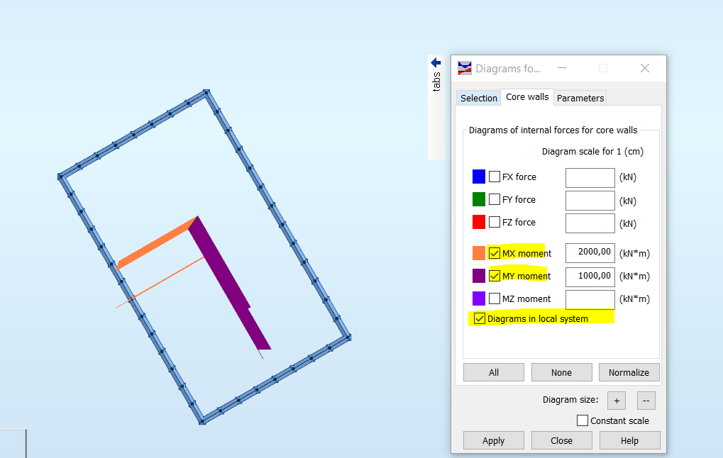 从 Robot Structural Analysis 中的“核心墙图表”对话框了解局部系统中的图表选项