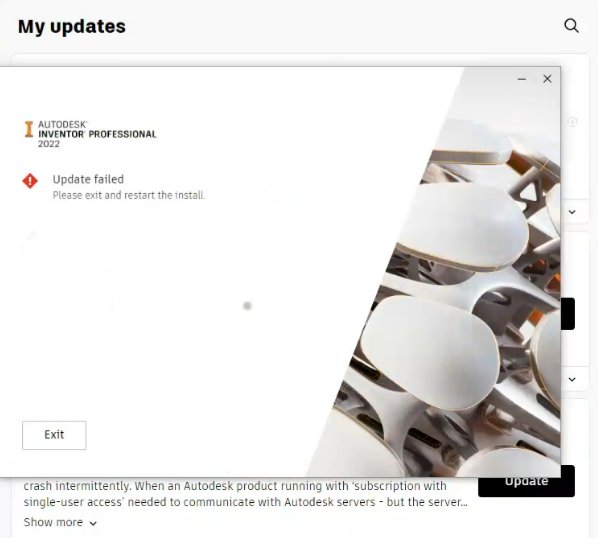 "Error de actualización" al intentar instalar Inventor Professional 2022.3 Update