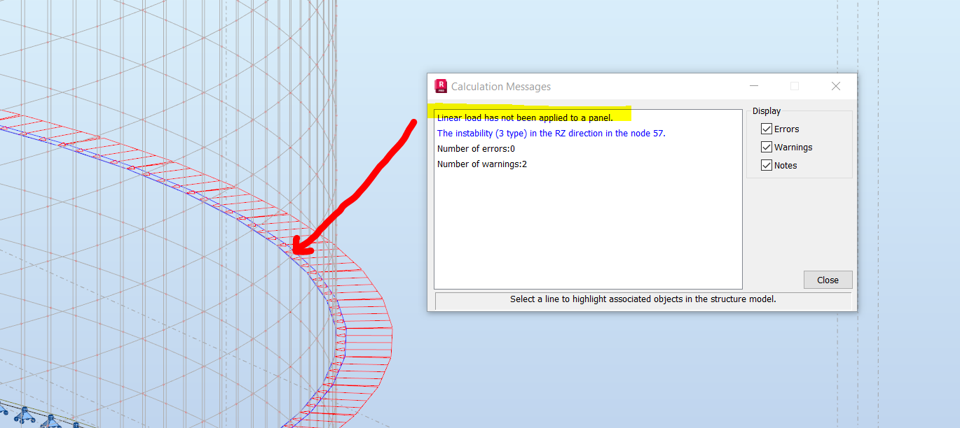 在 Robot Structural Analysis 中进行圆形水箱计算时显示“线性荷载尚未应用于面板”