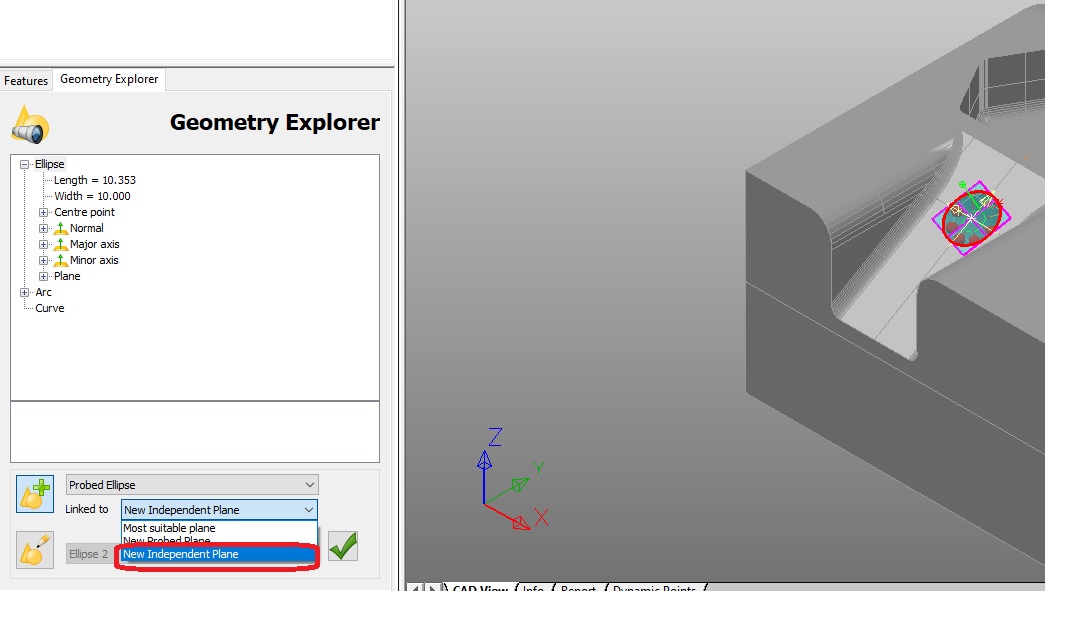 在 PowerInspect OMV 中使用三维模型测量孔时，如何在不创建链接探测平面的情况下测量孔