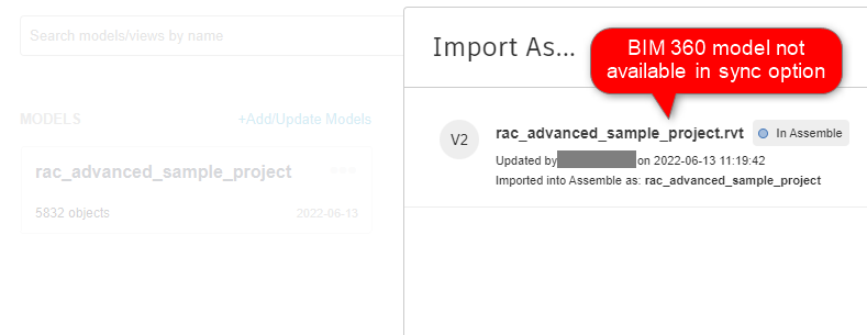 "BIM 360 model not available in sync option" displays when syncing updated Revit parameters back ...