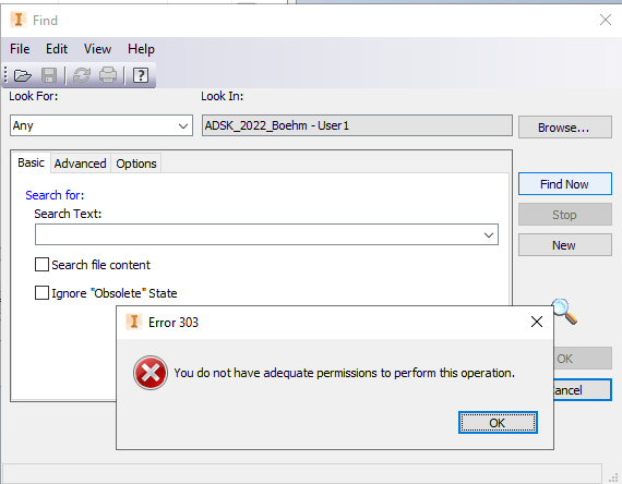 "Error 303 - You do not have adeauate permission to perform the ...