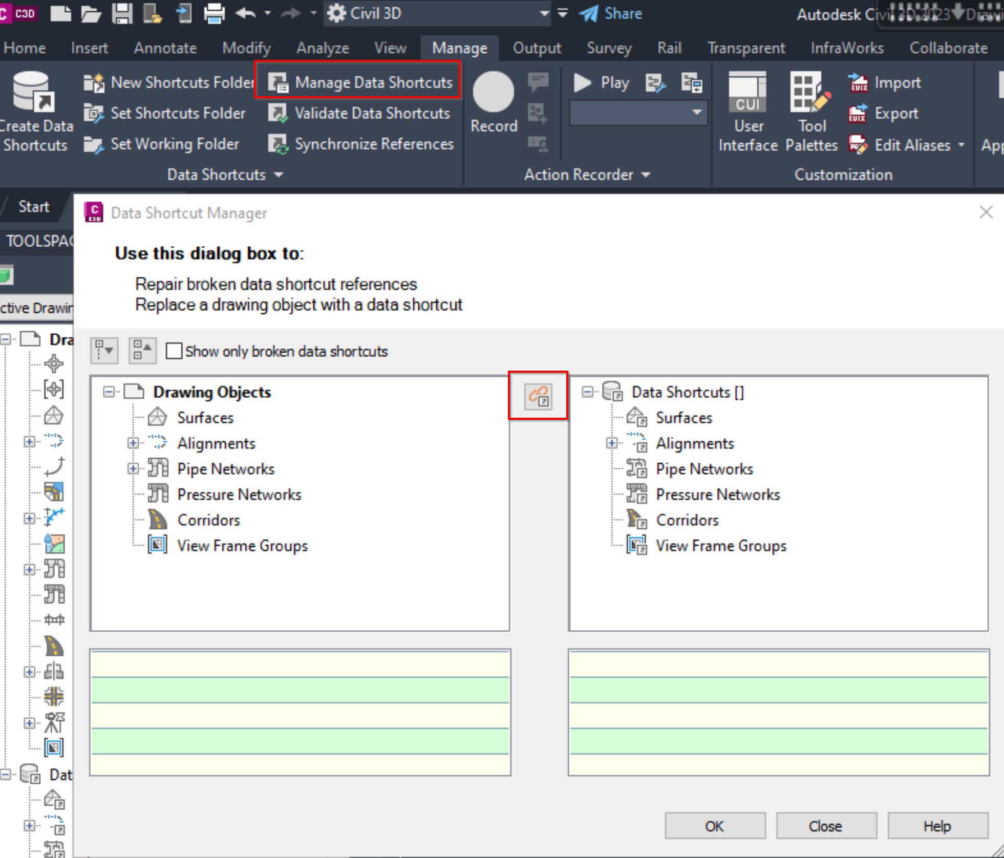 How to change paths or drawing files for data shortcuts in Civil 3D