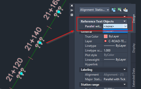 Alignment labels show question marks in Civil 3D