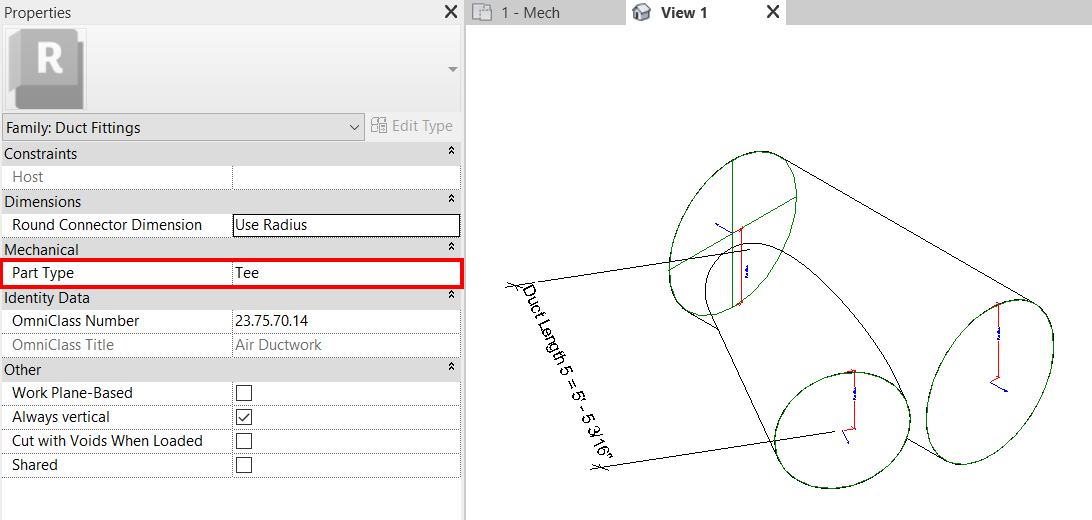 Revit で円形 Y 型継手を製造用パーツに変換すると、「選択した継手の部品種別変更またはサイズ変更に失敗しました」と表示される