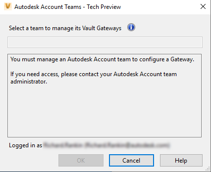 Vault ADMS Console に「ゲートウェイを設定するには、Autodesk Account チームを管理する必要があります」と表示される
