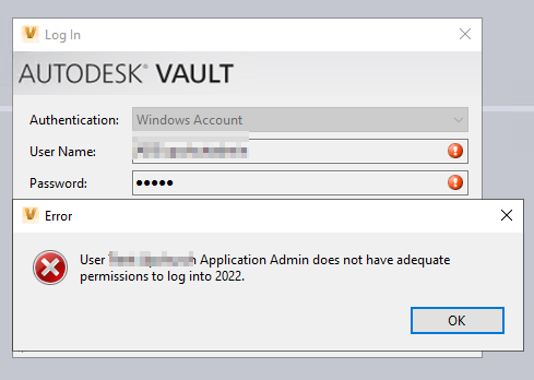 When attempting to login to Vault using Windows Authentication it fails with the message 'User ...