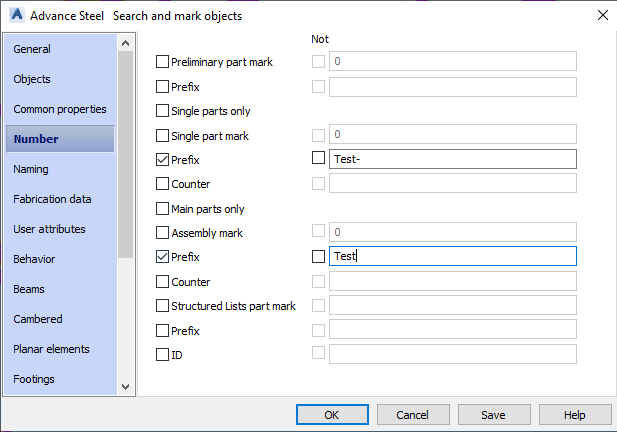 Search filter tool does not mark the parts by their prefix in Advance Steel