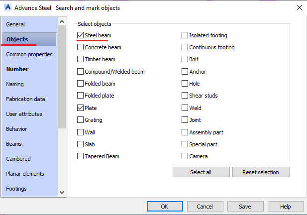 Search filter tool does not mark the parts by their prefix in Advance Steel