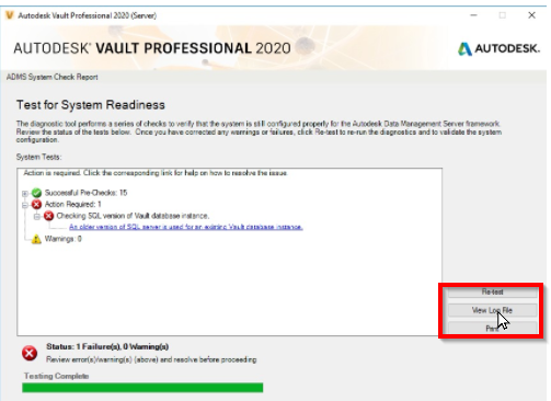 "An older version of SQL server is used for an existing Vault database instance" during Vault ...