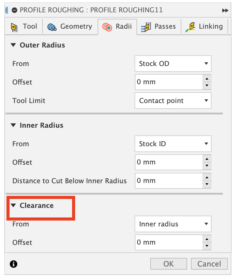 "X Clearance trimmed at the clearance radius" warning in Autodesk Fusion