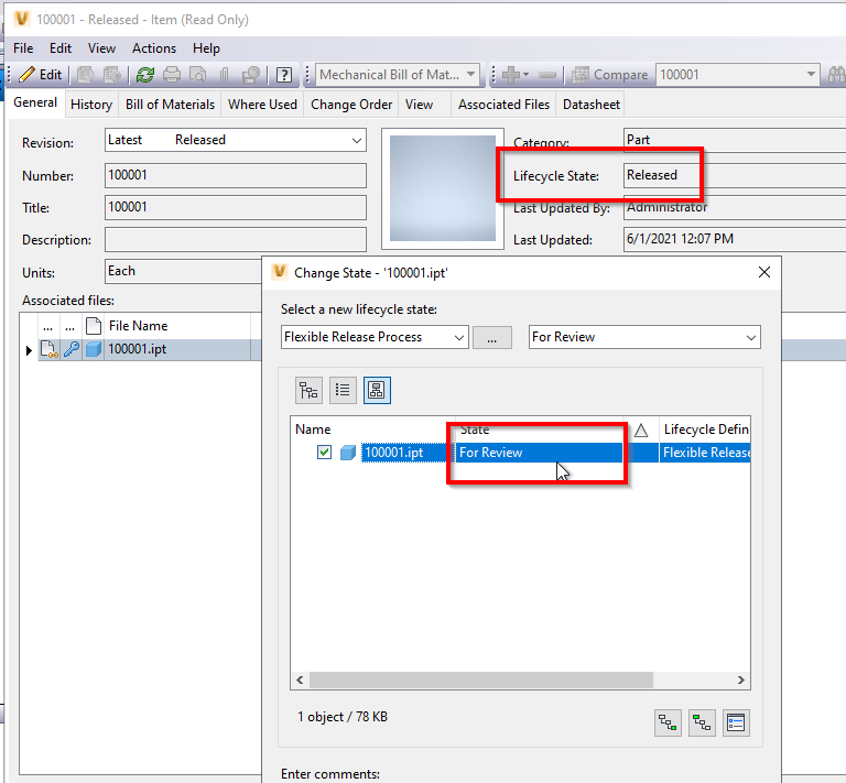 Change State of item in Vault does not match item Lifecycle State