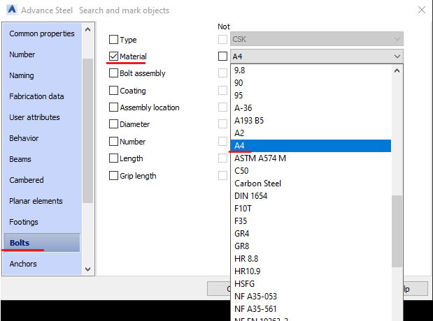 Material "A4" missing in Search Filter tool from Advance Steel