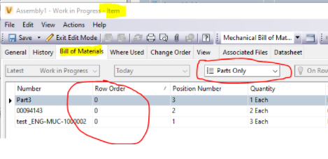 在 Vault 中将“多级”更改为“仅零件”时，条目 BOM 表显示在行顺序 0 中。