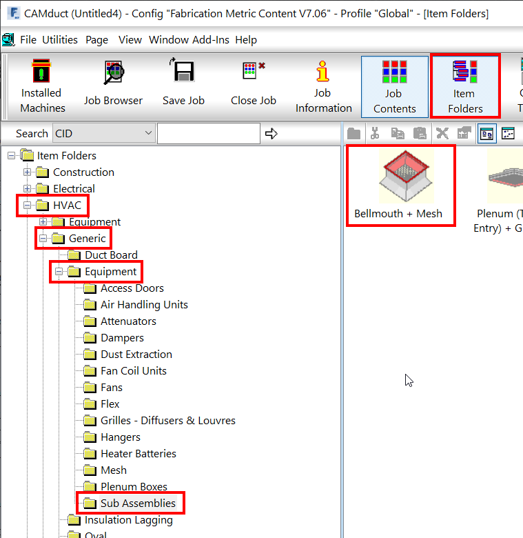 How to create an item that combines a duct and a mesh part in CAMduct