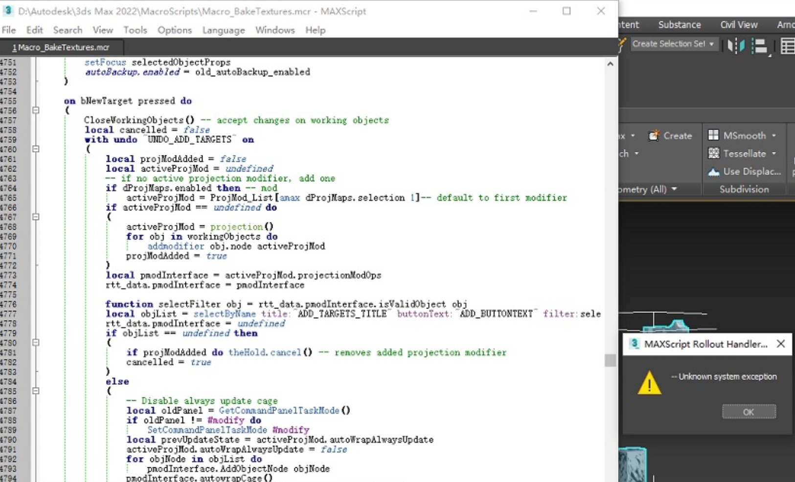 在3ds Max中bake贴图的时候出现错误“MAXScript Rollout Handler”