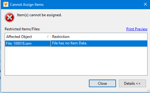 "File has no Item Data" appears for assembly with substitute in Vault 2022