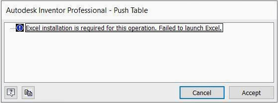 “此作需要安装 Excel。无法启动 Excel“。 在 Inventor 2022 中尝试切换链接到包含宏的 Excel 的 iPart 成员时