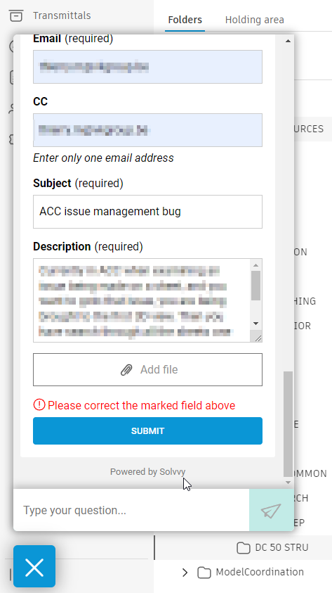 通过网站创建 Autodesk Construction Cloud 平台的支持工单时，显示“请更正上面标记的字段”