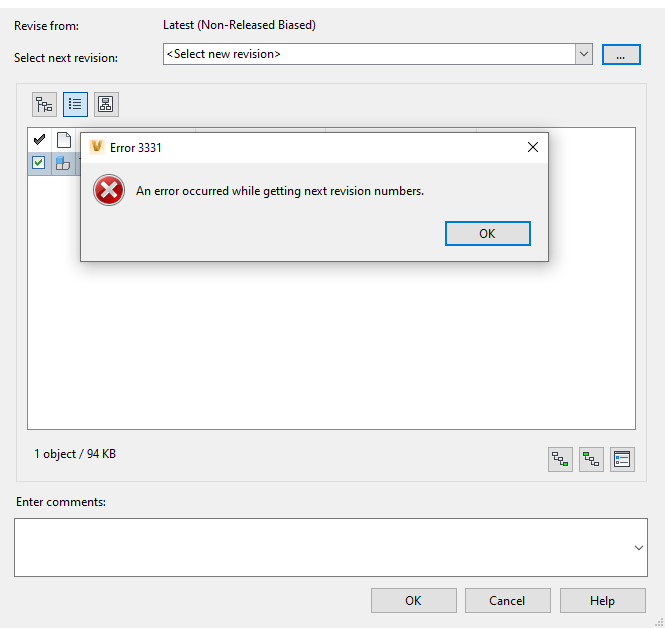 "Error 3331 - An error occurred while next revision numbers" message appears when changing file ...