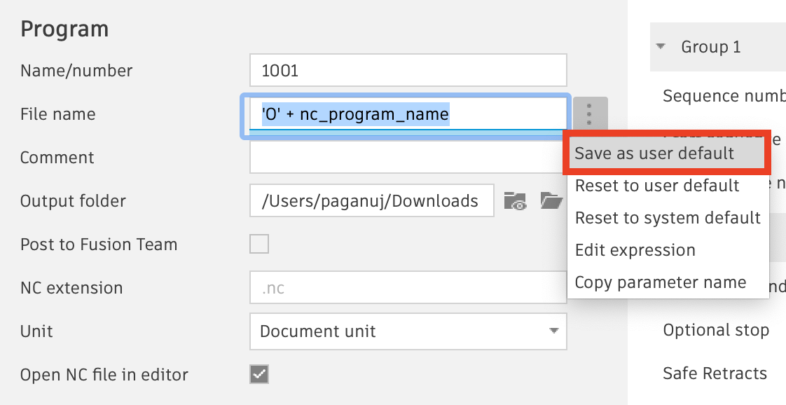 How to change the filename when post processing with NC Programs in Fusion 360