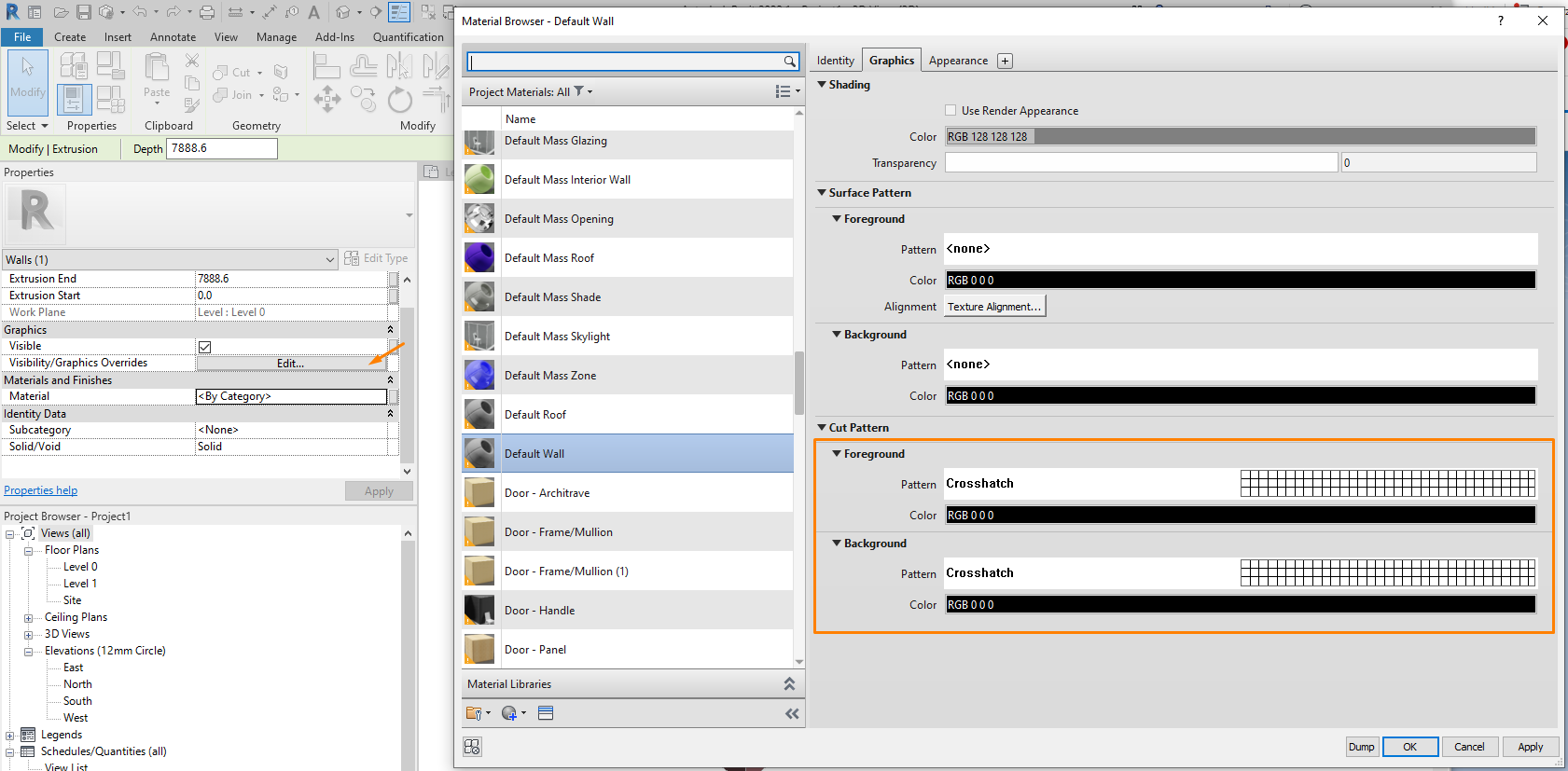 Hatch pattern invisible for wall made as in-Place model in Revit