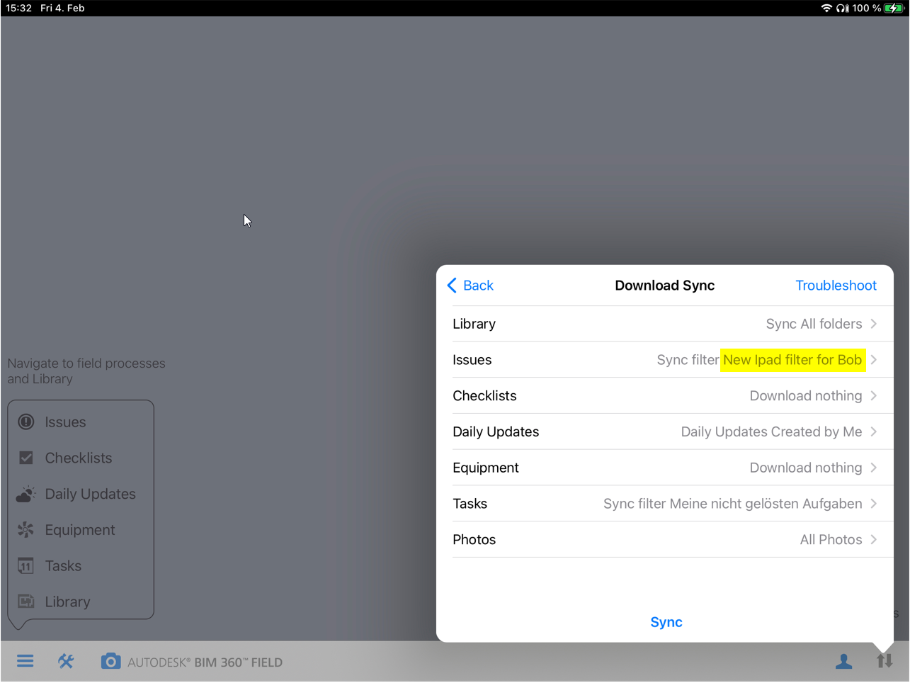 How to control the amount of synced data in the BIM 360 Field (classic) iPad app.
