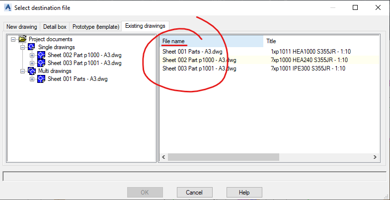 The list of "Existing drawings" not shown in order in "Select ...