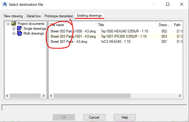 The list of "Existing drawings" not shown in order in "Select ...