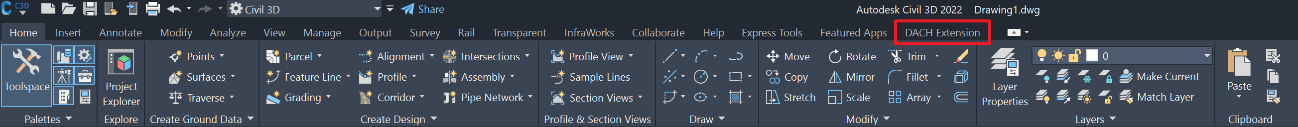DACH Extension is missing from the Civil 3D Ribbon