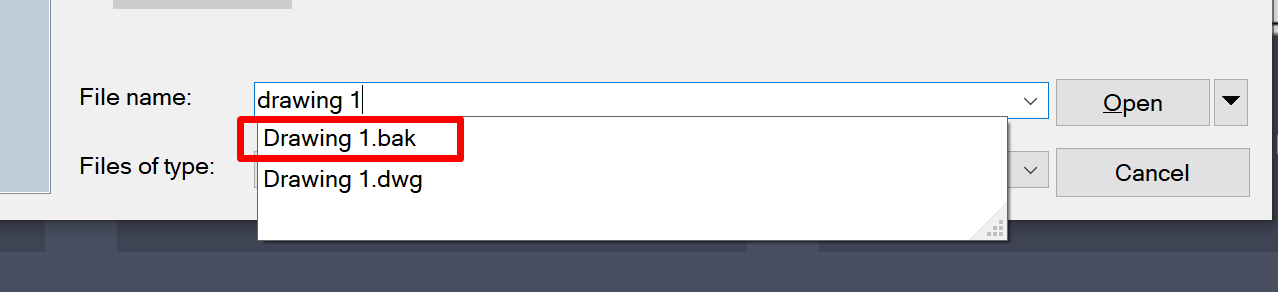 File name search in OPEN dialog in AutoCAD 2023 includes BAK files