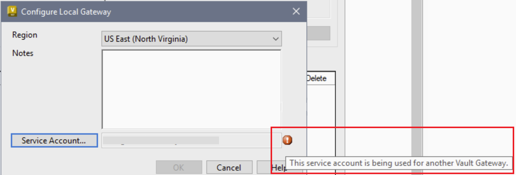 "This service account is being used for another Vault gateway" error when trying to set up Vault ...