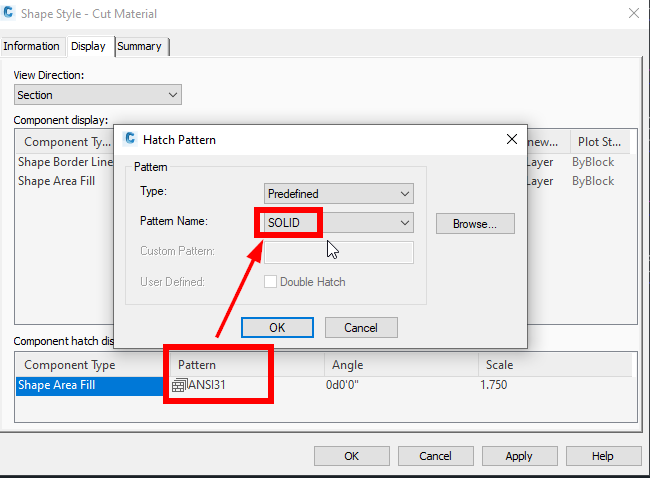 Section views don't display the cut and fill materials style correctly ...