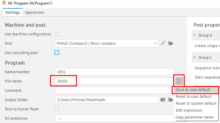 Fusion で NC コードをポスト処理するときに、式を使用してファイル名を変更する方法について説明します。