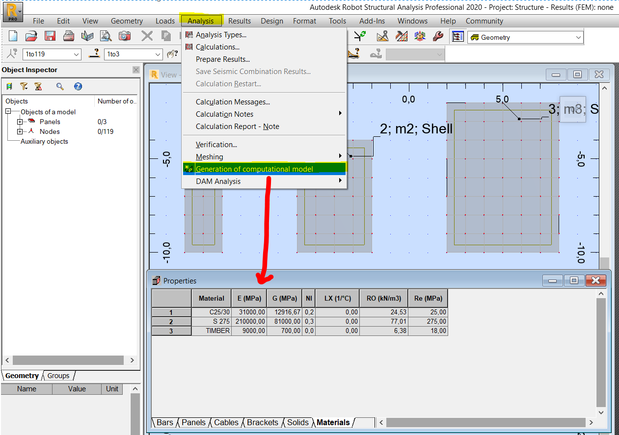Material summary disappears from Properties table after mesh deleting in Robot Structural Analysis
