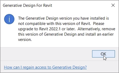 “您安装的衍生式设计版本与此版本的 Revit 不兼容...”尝试在 Generative Design for Revit 中创建新分析时