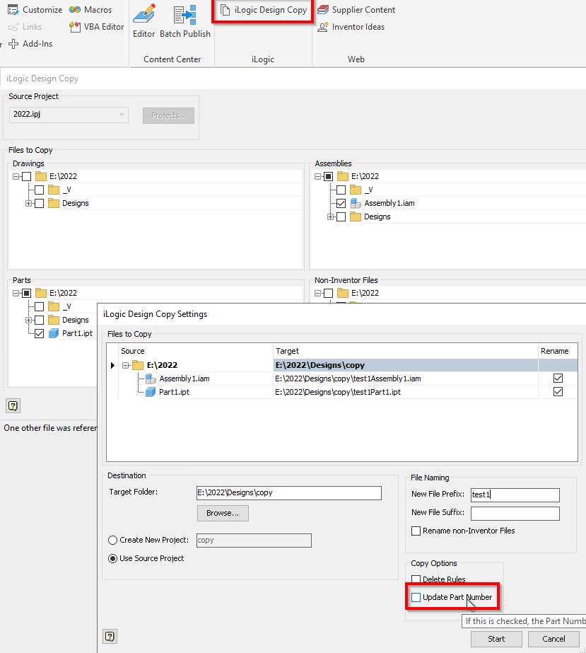 Copy Design function "Update part number for copied files" does not work in Vault Basic 2022