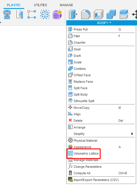 No Volumetric Lattice Button Available Under Plastic Modify Tab In Fusion