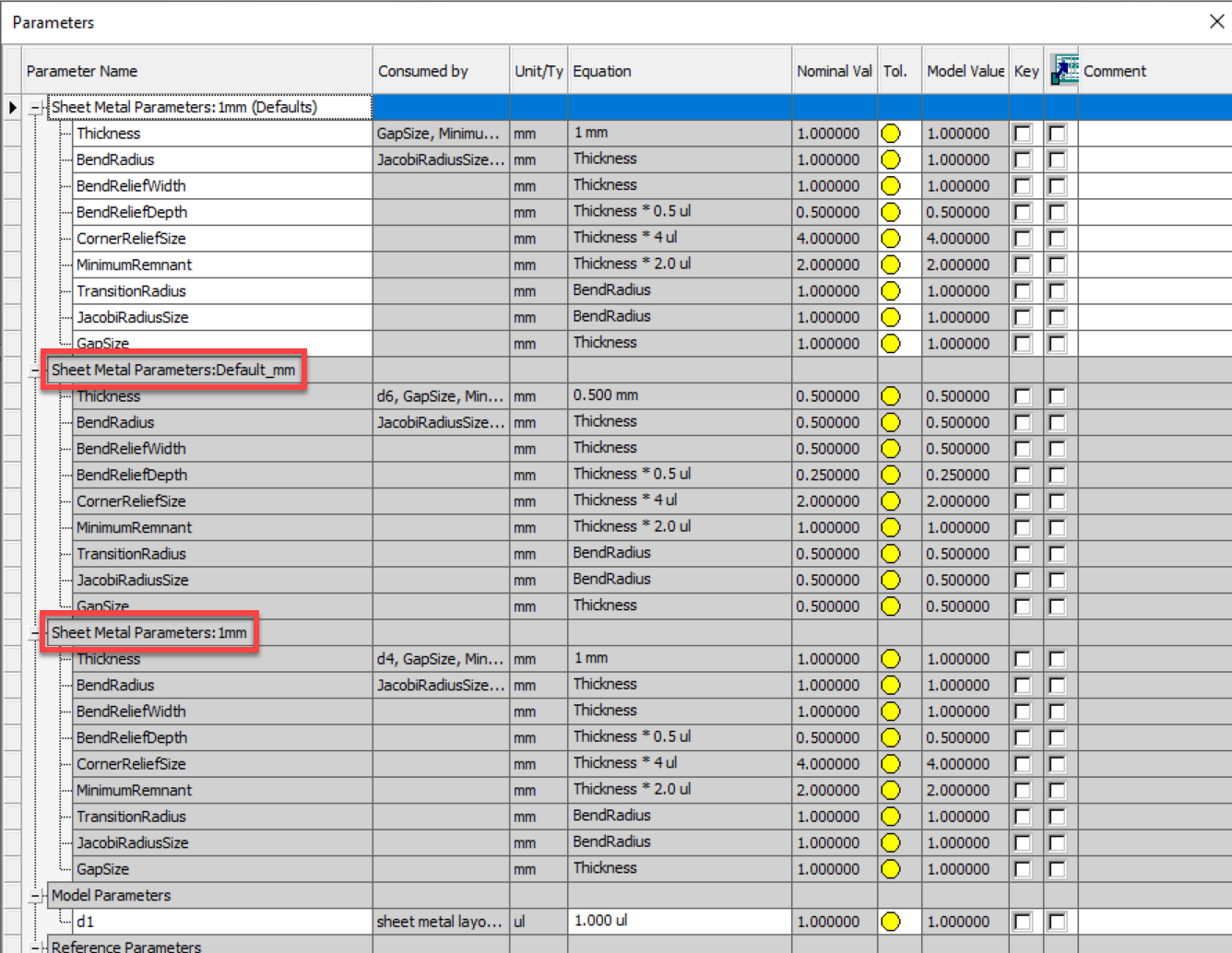 Inventor parameter dialog box shows more than one Sheet Metal Parameters set in derived part