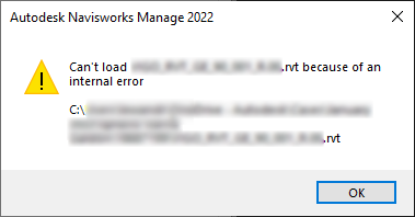 "Can't load {File name].rvt because of an internal error" when opening a Revit model after ...