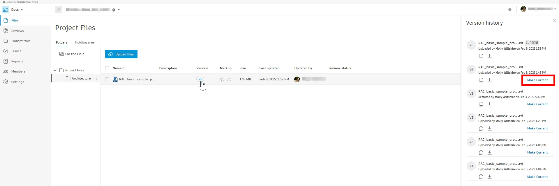 Changes are not reflected in Revit when reverting to an earlier version of a published file in ...