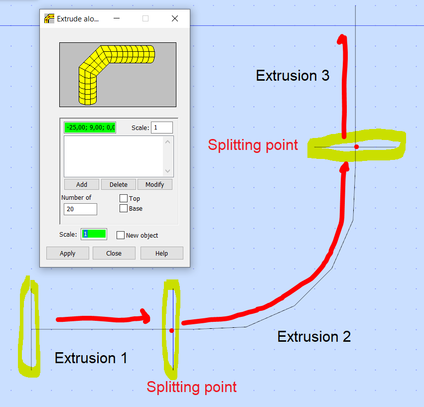 How to split shell generated by Extrusion along polyline method into ...
