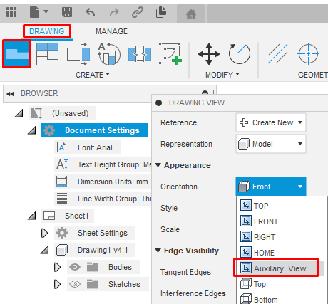 Comment créer une vue auxiliaire de dessin dans Fusion 360.