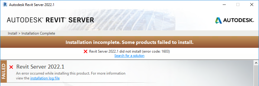 Revit Server installation fails with error code 1603