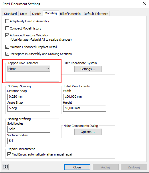 How to change Tapped Hole Diameter settings in Document Settings for many already created ...