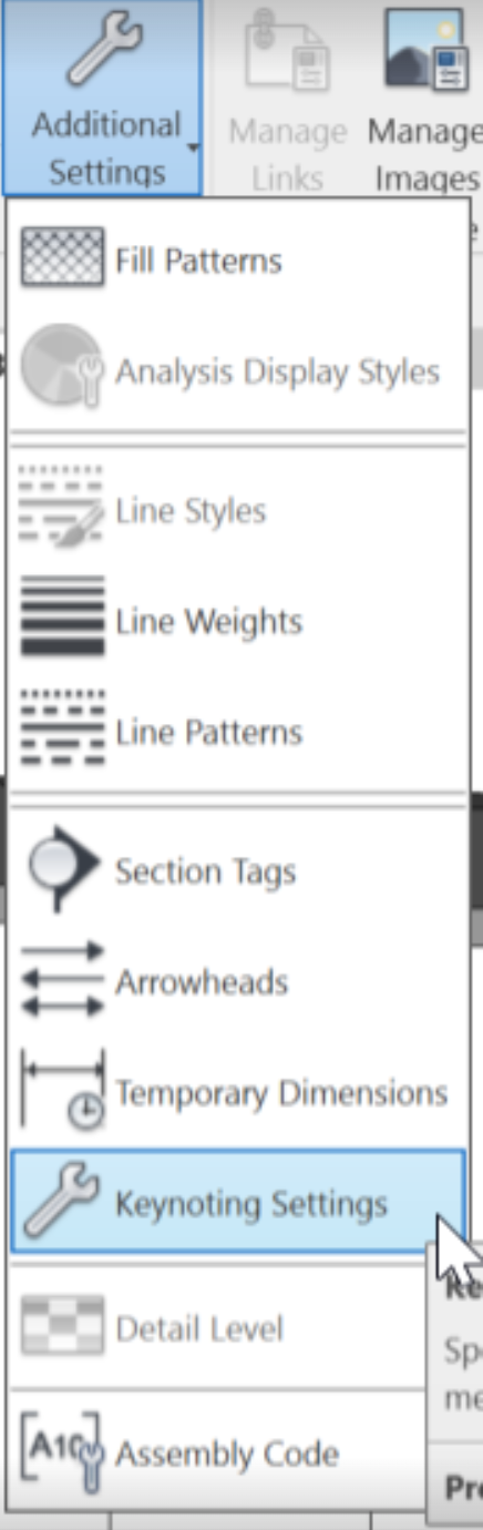 How to find the Keynote Settings within Revit family editor