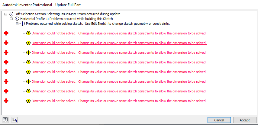 在 Inventor 中重建包含放样的特定零件后，“解决草图时出现问题”