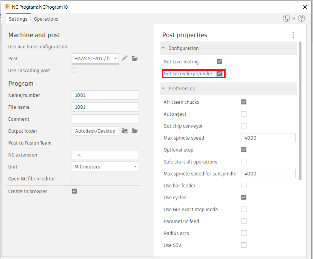 “Error: Secondary spindle is not available” when posting a setup using sub spindle with HAAS ST ...