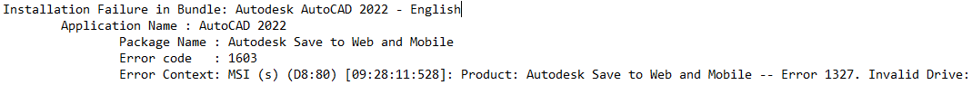 “Install failed - Error 1603” when installing Autodesk Product due to "Error1327. Invalid Drive"
